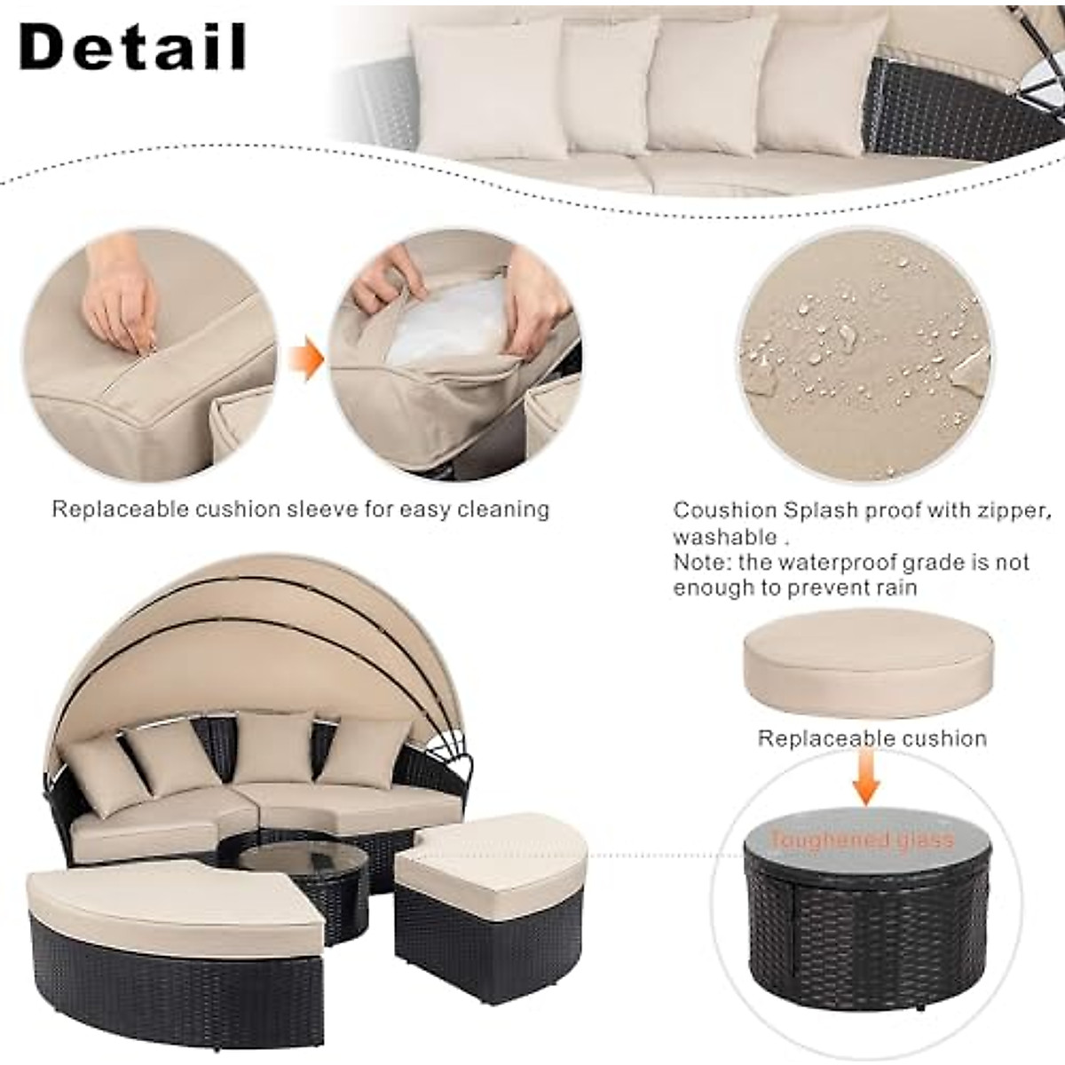 Walsunny Patio Furniture Round Daybed with Retractable Canopy, Outdoor Wicker Rattan Sectional Sofa Set,Seating Separates Cushioned Seats for Patio Lawn Backyard Pool