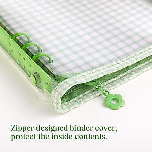 NEWEST A5 Notebook Binder Cover with Zipper, Plaid Pattern 6 Ring Refillable Planner Binder Shell, Clear Glitter PVC Loose Leaf Binder Wallet for Journal Album Diary Budget Folder DIY Cover, Purple