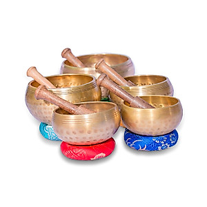Tibetan Singing Bowl Set of 5, Authentic 7 metals Meditation Sound Bowl for Yoga, Chakra healing, Deep Relaxation, Stress Relief and Mindfulness, Handmade in Nepal, comes w/ silk cushions and 5 sticks