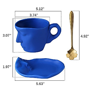 BETYMAO Romantic Ceramic Face Coffee Cup Saucer Set Coffee Mug with Plate and Spoon Espresso Cup Saucer Cappuccino Mug with Saucer Tea Cup Saucer for Dining Table Decoration Blue