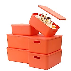 Yishyfier Plastic Storage Baskets With Lid Organizing Container Lidded Knit Storage Organizer Bins for Shelves Drawers Desktop Closet Playroom Classroom Office (4M+2S, Orange)