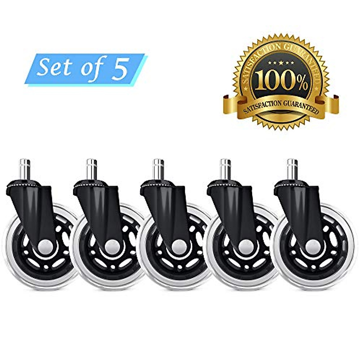 Office Chair Caster Wheels Set of 5 Heavy Duty & Safe for All Floors Including Hardwood 3" Rubber Replacement for Desk Floor Mats
