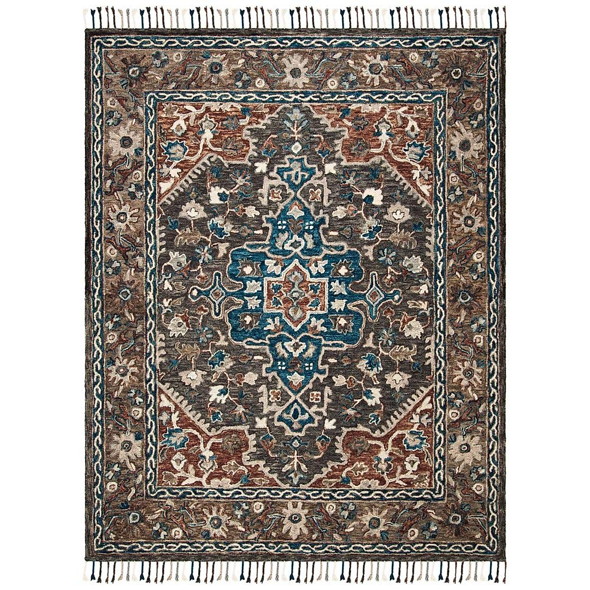 SAFAVIEH Aspen Collection Area Rug - 8' x 10', Charcoal & Light Brown, Handmade Boho Braided Tassel Wool, Ideal for High Traffic Areas in Living Room, Bedroom (APN112A)