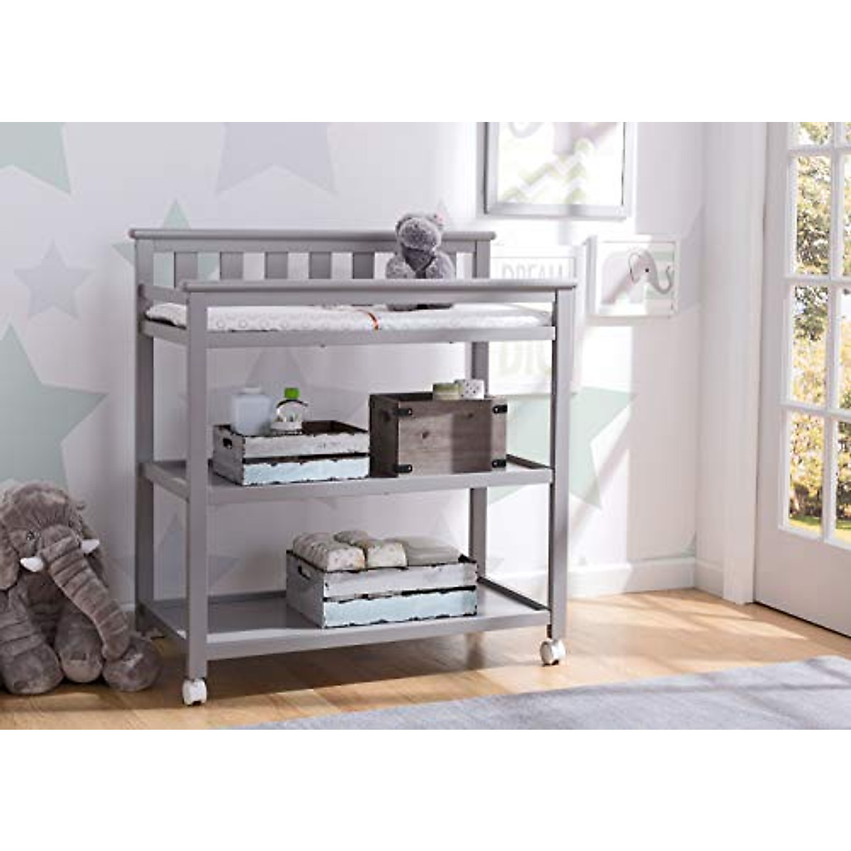Delta Children Flat Top Changing Table with Casters, Grey and Waterproof Baby and Infant Diaper Changing Pad, Beautyrest Platinum, White