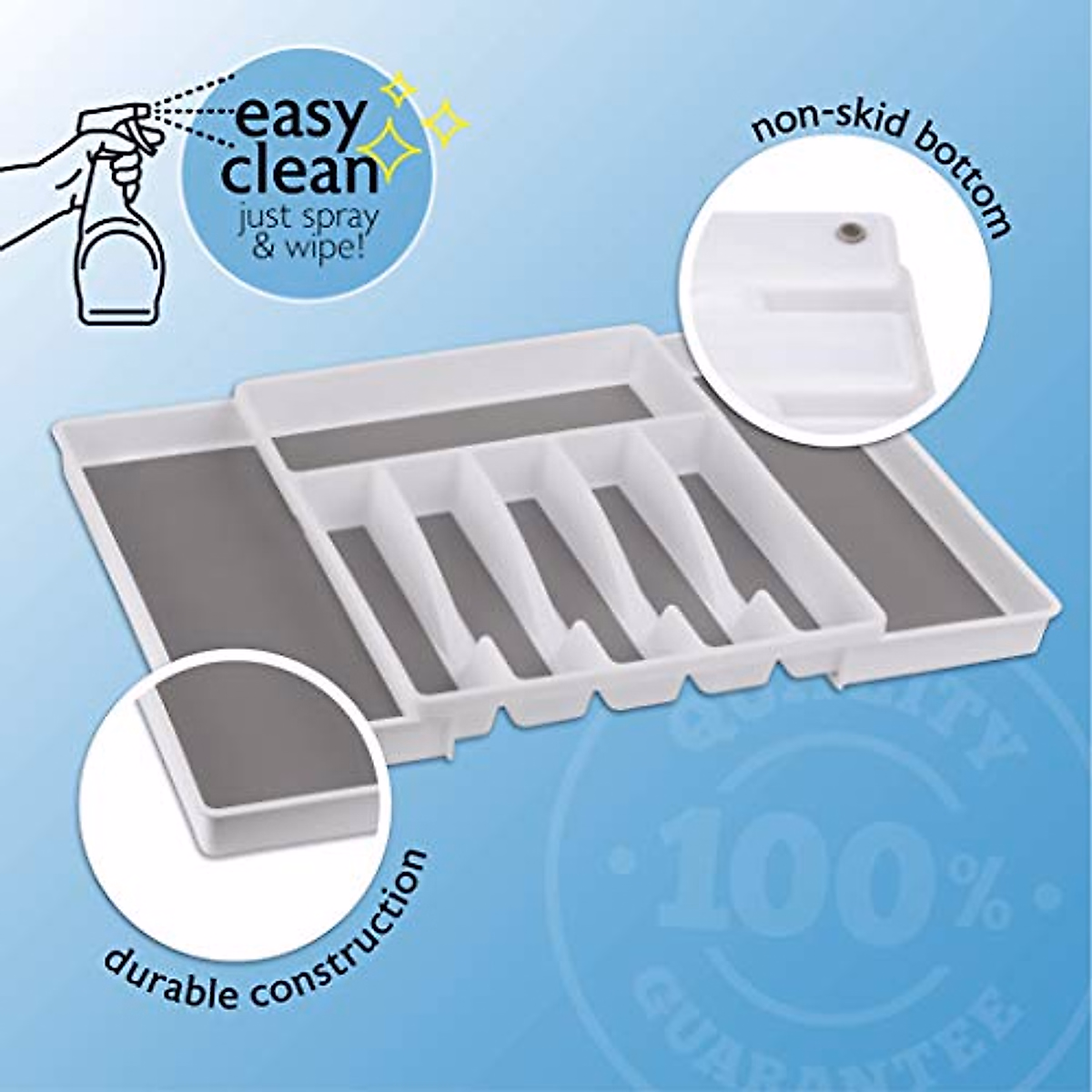 LIVORINI Expandable Kitchen Drawer Flatware Organizer | Large Plastic Silverware Tray Organizers | Adjustable Kitchen Organization for Cutlery & Utensils Holder, White Non-Slip Drawer Dividers