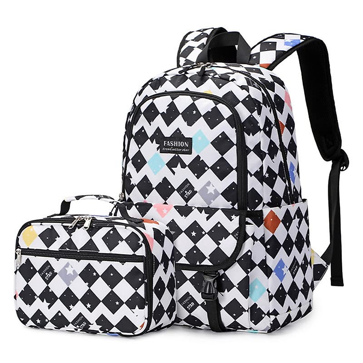 Gnoved Girls Backpack with Lunch Box 2pcs Set Checkered Laptop Kawaii Backpack Boys Preppy Bookbag Over 6 Years Old Black