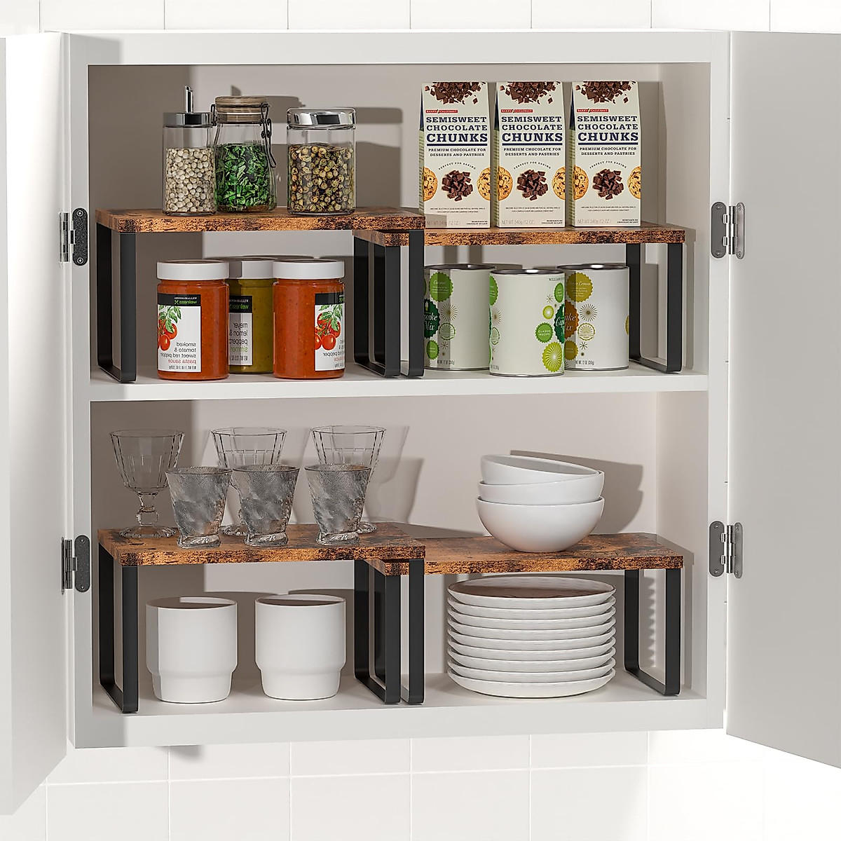 CADUKE Set of 4 Counter Shelves Kitchen Stackable Cabinet Shelf Wood Organizer Expandable Counter Top Racks Brown Bathroom Counter Organizer