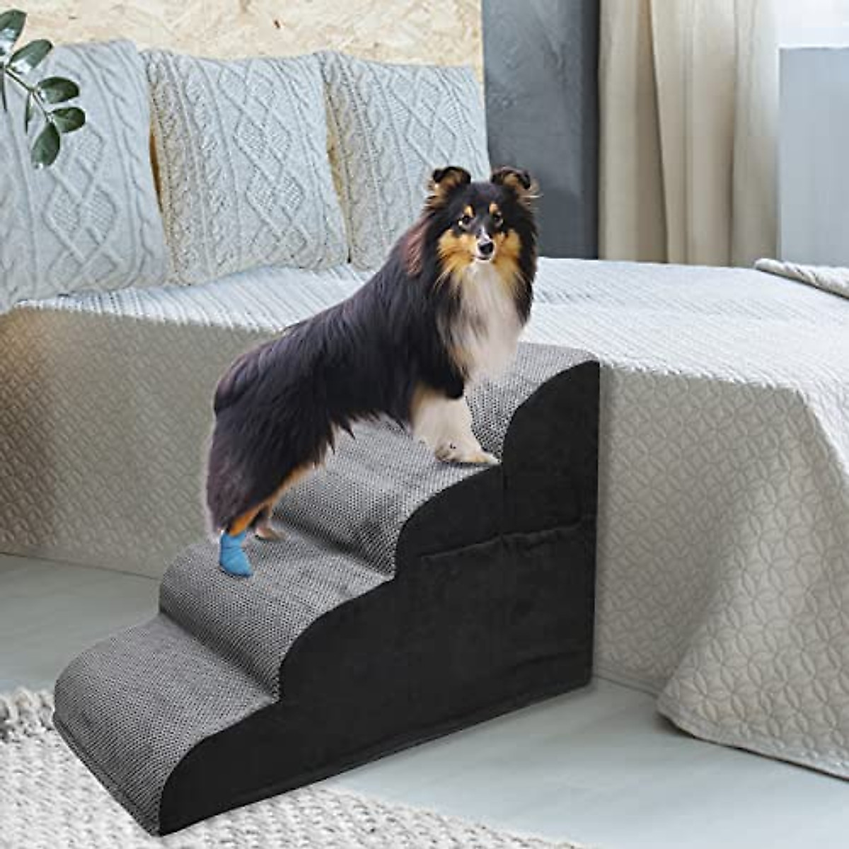 LOOBANI Dog Steps, Four Steps Dog Stairs Non-Slip, Pet Stairs for High Bed with Small Storage Space, Dog Ramp for Puppies, Older, and Injured Pets, Ramp Stairs for Couch, High Bed Climbing