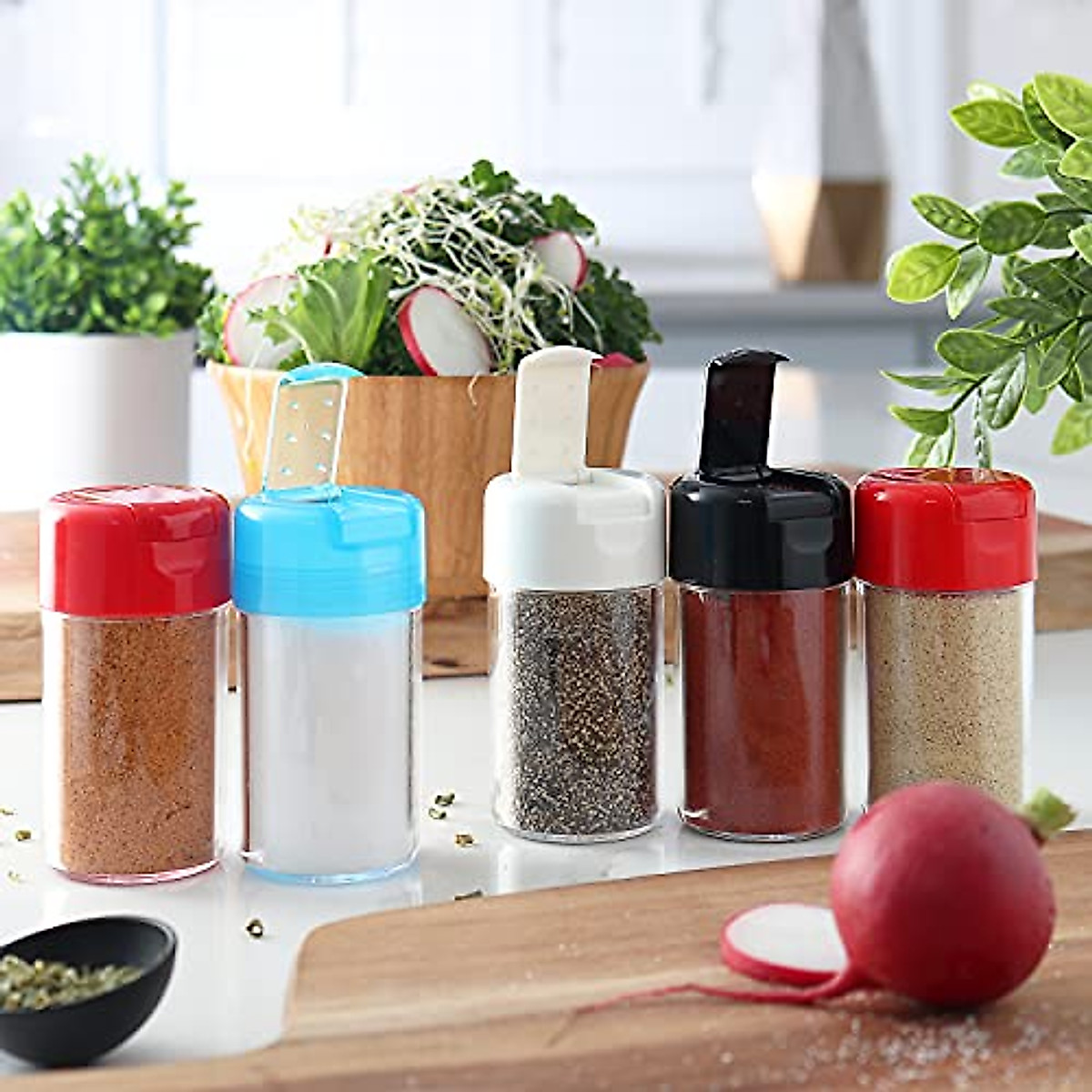 Set of 2 - Plastic Salt and Pepper Shakers with Hinged Lid, No Spill Lunch Bag Camping Picnic Moisture Proof Spice Dispenser, Seasoning Container Pourer w/Cover, 3.5 oz.
