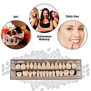 56 Pieces False Teeth Dental Complete Acrylic Resin Denture Tooth, 2 Sets Tooth Replacement kit, 23 Shade A2 Upper + Lower Dental Materials for Replacement, DIY, or Halloween