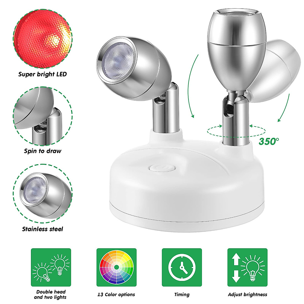 Honoson 4 Pack Dual Head Battery Operated Spotlights Indoor Wireless RGB LED Spot Light with Remote 13 Color Accent Lights with Rotatable Head Stick on Wall Hallway, for Painting Picture(White)