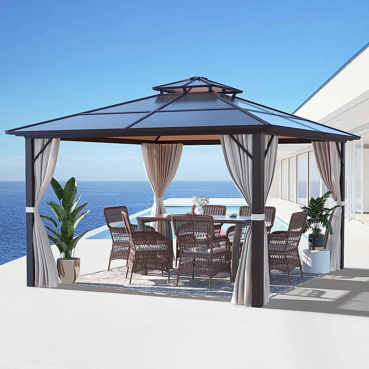 MELLCOM 12'x12' Hardtop Gazebo with Polycarbonate Double Roof, Aluminum Frame Outdoor Gazebo Permanent Pavilion with Curtains and Netting for Patio, Lawn & Garden