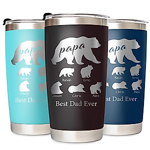 Personalized Tumbler with Names,Best Gifts for Dad, 10 Colors, Custom 20oz Stainless Steel Coffee Tumbler, Insulated Tumblers with Lid and Straw, Christmas Anniversary Birthday Gifts (Papa Bear, 20oz)