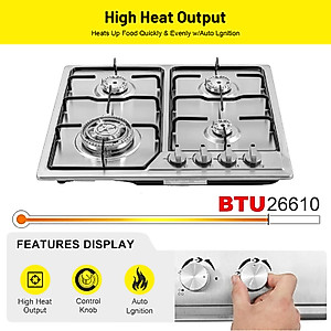 Gas Cooktop 22″x19″ Built in Gas Cooktop 4 Burners Stainless Steel Stove with NG/LPG Conversion Kit Thermocouple Protection