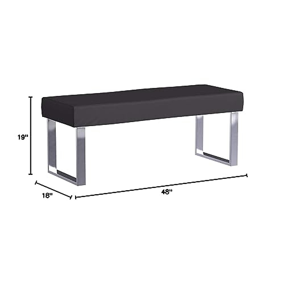 Armen Living Amanda Bench in Grey Faux Leather and Chrome Finish 48 x 19 x 18