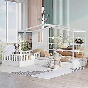 House Beds for 2 Kids Twin Size L-Shape Double Platform Bed Wooden Corner Montessori Bed Frame with Fence Rails and Decorative Panels Cabin/Tent Beds for Boys Girls Teens, White