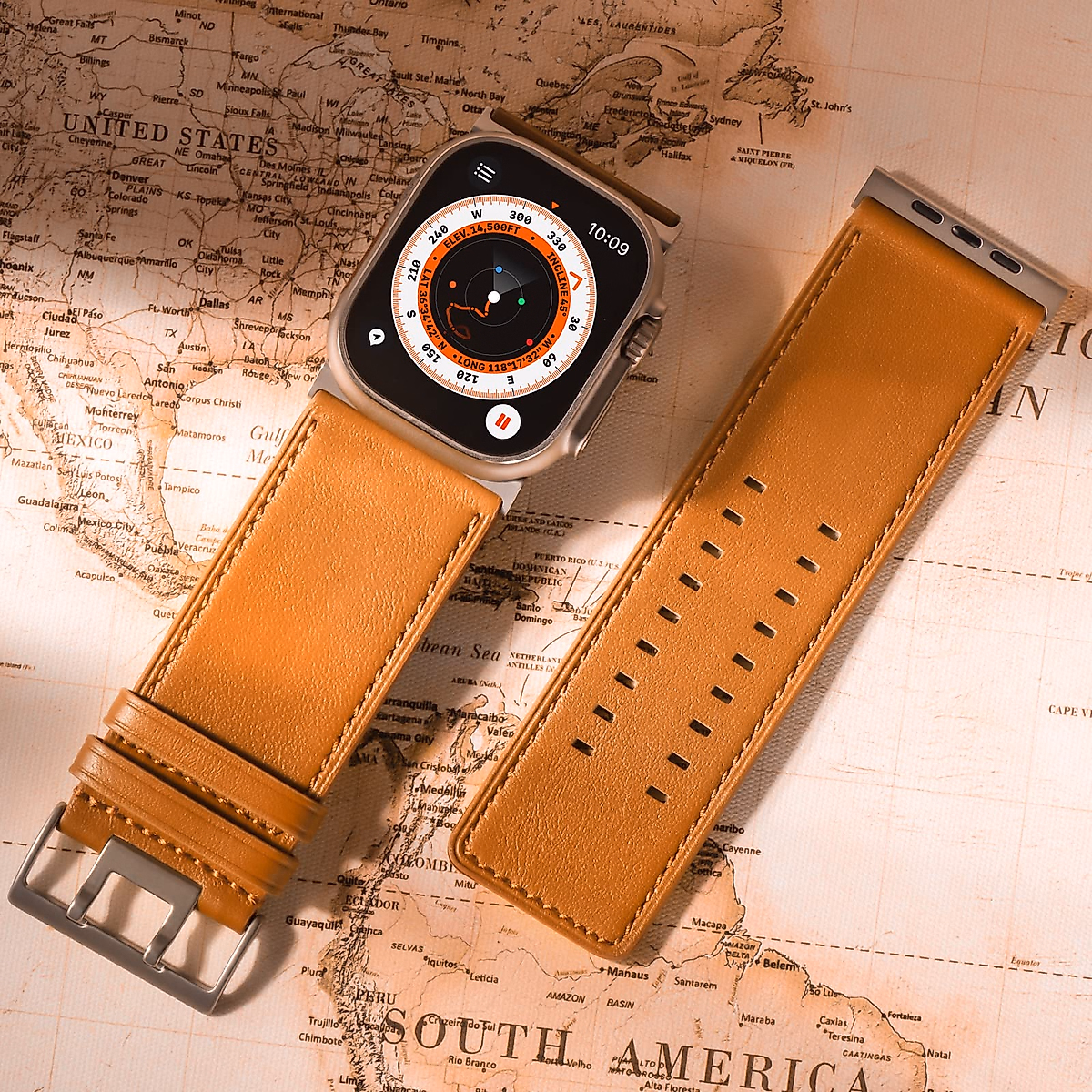 Tefeca Dual Series Band Compatible with Apple Watch Ultra 2/Ultra 49mm, Series 10 46mm, Series 9/8/7 45mm, SE2/SE/6/5/4 44mm (Brown Leather with Silver Adapters, 49/46/45/44mm)