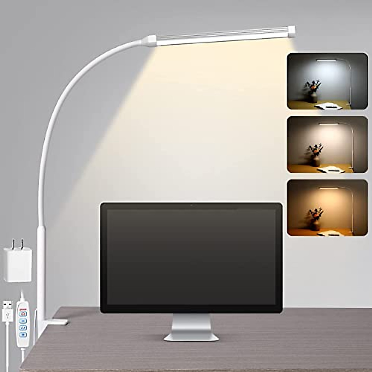 Voncerus LED Desk lamp with Clamp, Eye-Caring Clip on Lights for Home Office, 3 Modes 10 Brightness, Long Flexible Gooseneck, Metal, Swing Arm Architect Task Table Lamps with USB Adapter, White