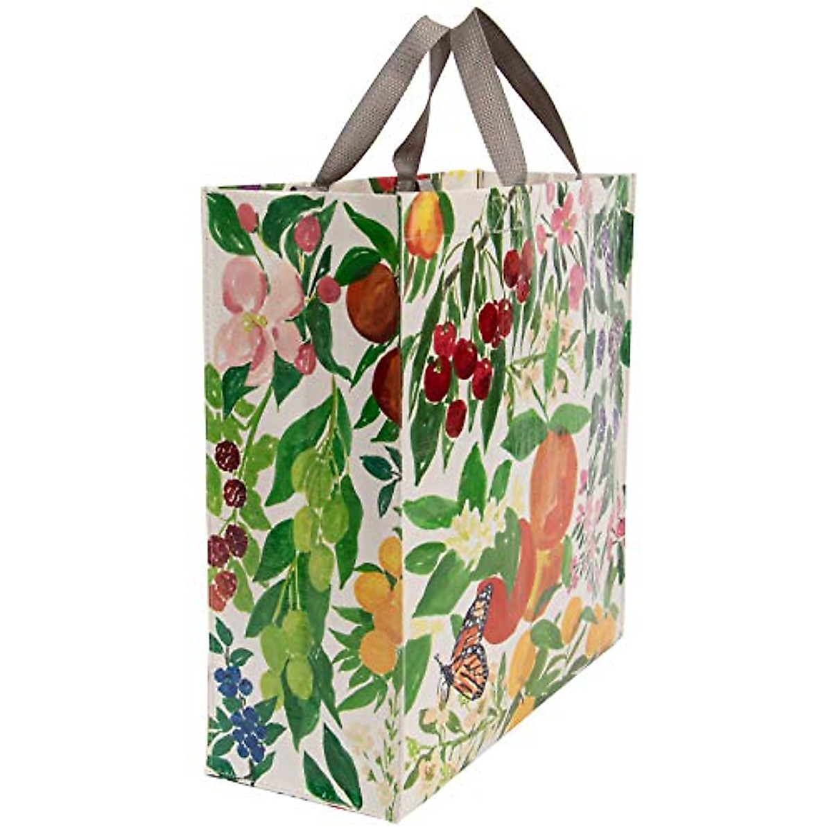 Blue Q Shopper, Orchard. Reusable grocery bag, sturdy, easy-to-clean, made from 95% recycled material, features both hand and shoulder straps, 15" h x 16" w x 6" d