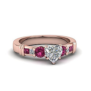 CaratYogi Dual Hoop Ring rose gold plated Created Pink Sapphire Heart shape Pink color Side Stone Engagement Rings channel Setting in Size 10 Minimal Surprise Gifts for Ladies