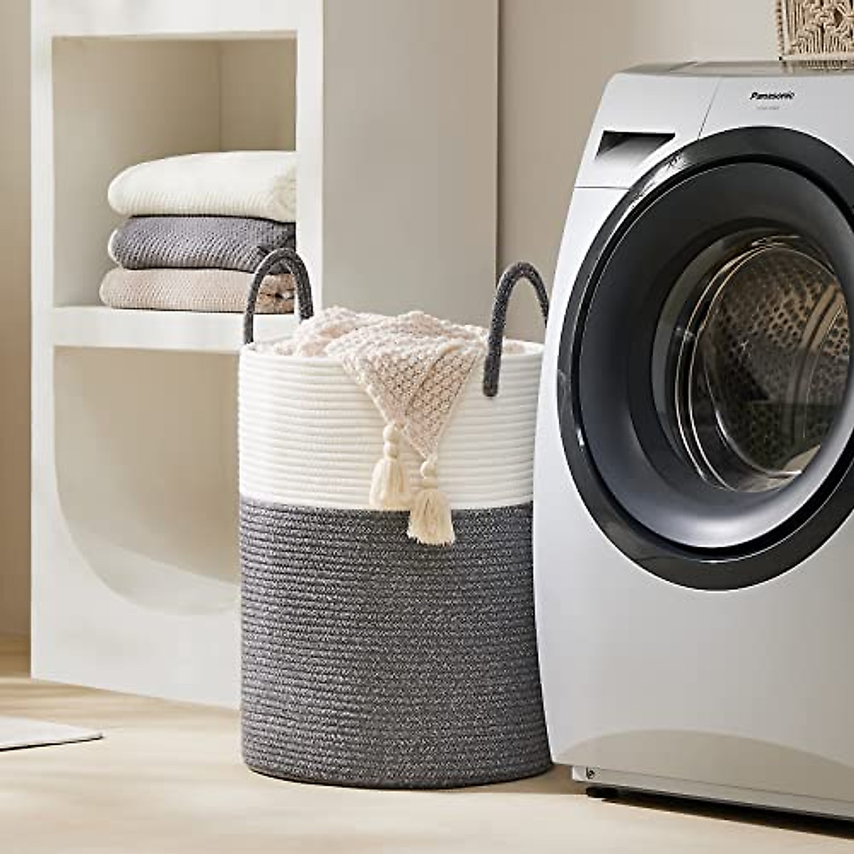 YOUDENOVA Cotton Rope Laundry Hamper Basket, 58L Tall Woven Collapsible Baskets for Blanket Organizing Clothes Hamper for Laundry Room Storage