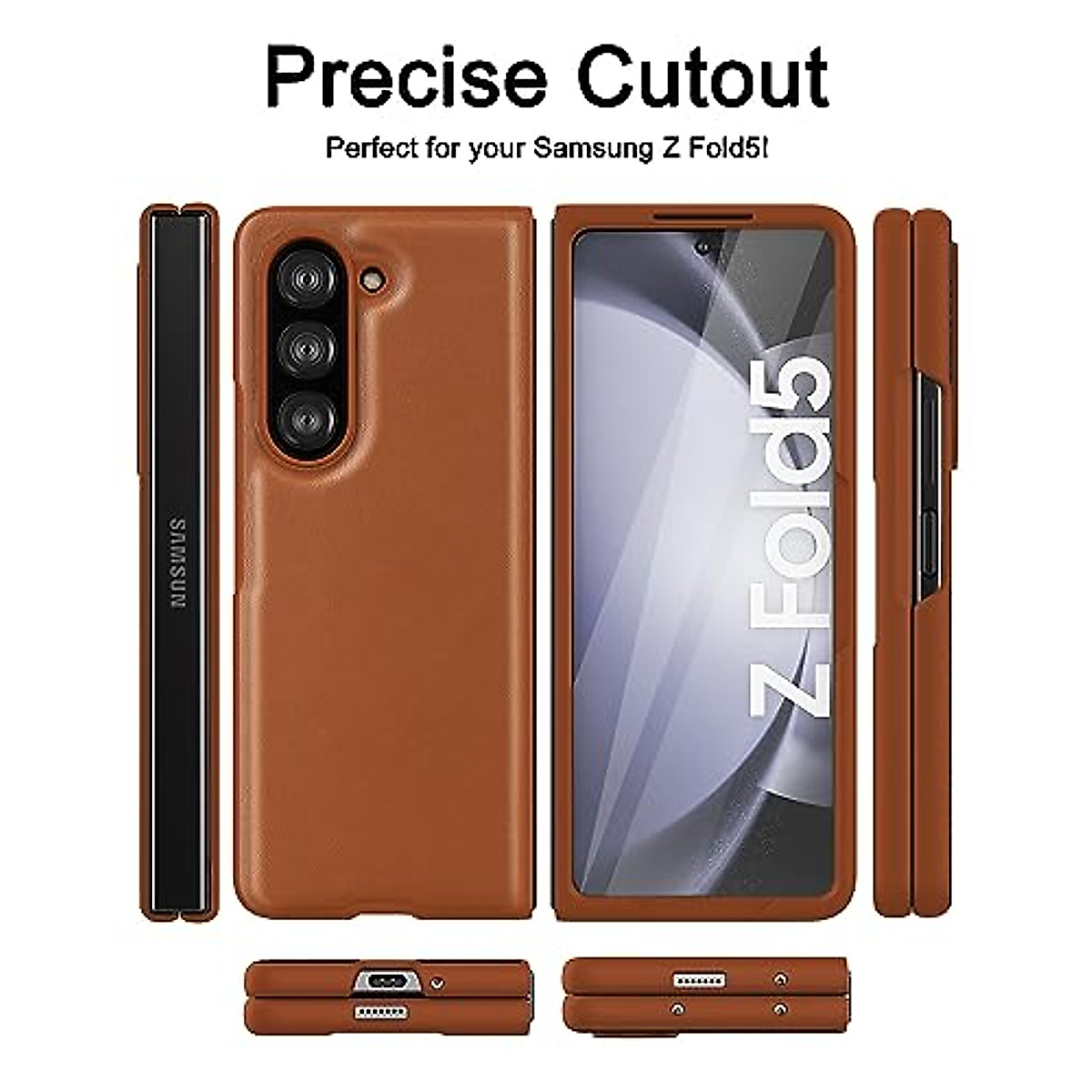 Eastcoo Slim Fit PU Leather Case for Samsung Galaxy Z Fold 5, [Clear Front Cover+Leather Hard PC Back][Wireless Charging Support] Shockproof Protective Case for Samsung Galaxy Z Fold5 2023, Brown