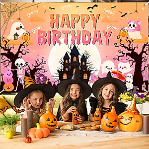 Lecheme Pink Halloween Birthday Backdrop Happy Birthday Halloween Banner Cute Halloween Backdrop for Girls Birthday Halloween Birthday Party Decorations