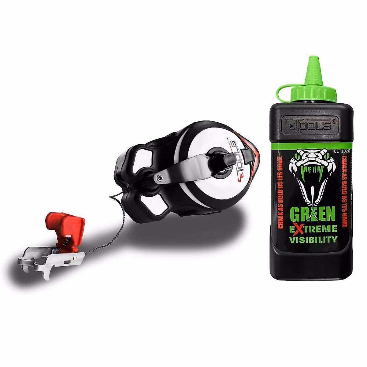 CE TOOLS Snapback® Chalkline with Releasable Tip & Mean Green® EXTREME VISIBILITY Marking Chalk - Made in USA