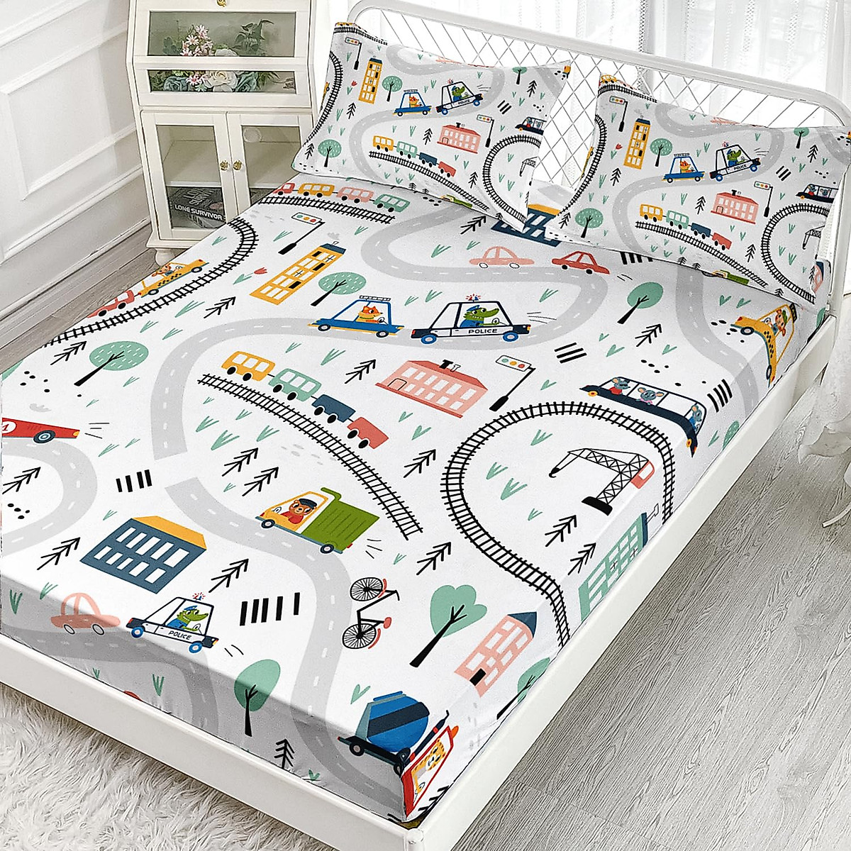 AILONEN Construction Fitted Sheet Set Full Size, Cartoon Cars Fitted Sheet,Equipment Truck Sheets Set for Boys Kids, 1 Fitted Sheet and 2 Pillowcases