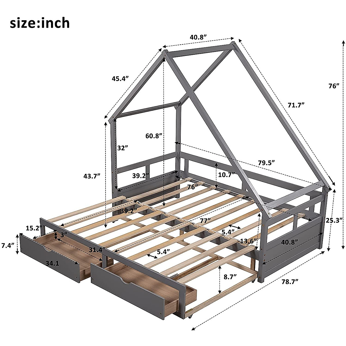 STP-Y Extending Daybed with Trundle Bed and Two Storage Drawers, Twin Size/King Size Solid Wood Daybed Frame, Wooden House Daybed for Teens Girls Boys, No Box Spring Needed, Easy Assembly, Grey