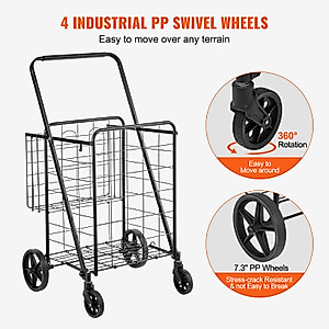 VEVOR Folding Shopping Cart, Jumbo Grocery Cart with Double Baskets, 360° Swivel Wheels, Heavy Duty Utility Cart, 110 LBS Large Capacity Utility Cart for Laundry, Shopping, Grocery, Luggage, Black