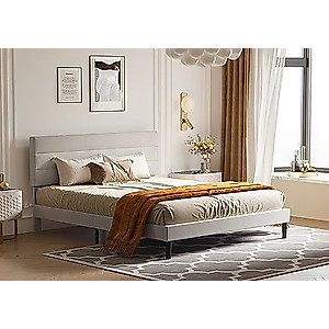 BONSOIR Queen Size Beige Color Modern Low Profile Upholstered Bed Frame with Tufted Headboard
