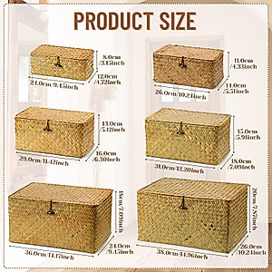 Kigley 6 Pcs Seagrass Baskets with Lids Wicker Storage Basket Organizer Baskets Handwoven Large Rectangular Basket Boxes Summer Woven Baskets for Shelf Closet, 6 Sizes(Yellow, Classic Style)
