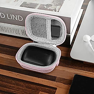 Geekria UltraShell Case with Carabiner Compatible with Jabra Elite 75t, Elite 65t, TOZO T6 True Wireless Earbuds, Replacement Protective Hard Shell Travel Carrying Bag with Cable Storage (Pink)