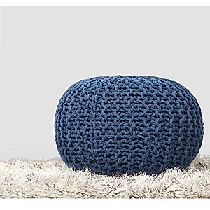 RAJRANG BRINGING RAJASTHAN TO YOU Cotton Stuffed Pouf Hand Knitted Braided Cotton Cord Round Ottoman Bedroom Decorative Seating Blue 20 x 14 Inch