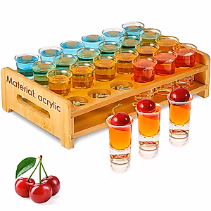 Juexica Shot Glasses Set 0.5 Oz/ 15 ml 24 Pcs Acrylic Mini Shot Glass with Tray Holder Shot Glass Tray Serving Holder Wood Serving Tray Tequila Glasses Clear Shot Glasses for Club Party Bar