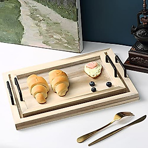everous Wood Serving Tray with Handles Set of 2,Acacia Wood Butler Platters Serve Breakfast, Appetizer, Coffee, Bar, and Food(White)