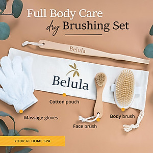 Premium Dry Brushing Body Brush Set by Belula- Natural Boar Bristle Body Brush, Exfoliating Face Brush & One Pair Bath & Shower Gloves. Free Bag & How To – Great Gift For A Glowing Skin & Healthy Body