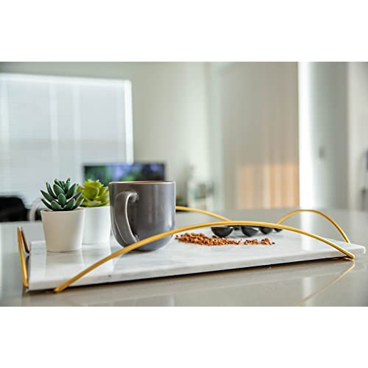 White Marble Tray - Ottoman Tray - Serving Tray with Handles - Decorative Tray - Breakfast Bed Tray - Coffee Table Tray