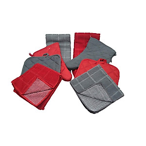Kitchen Decor - Towel Linen Set (8 Pc) Fresh Red and Gray Color Combination That Pops - Kitchen Towel Potholder Scrubber Dishcloth Oven Mitt Set - Kitchen Decorations