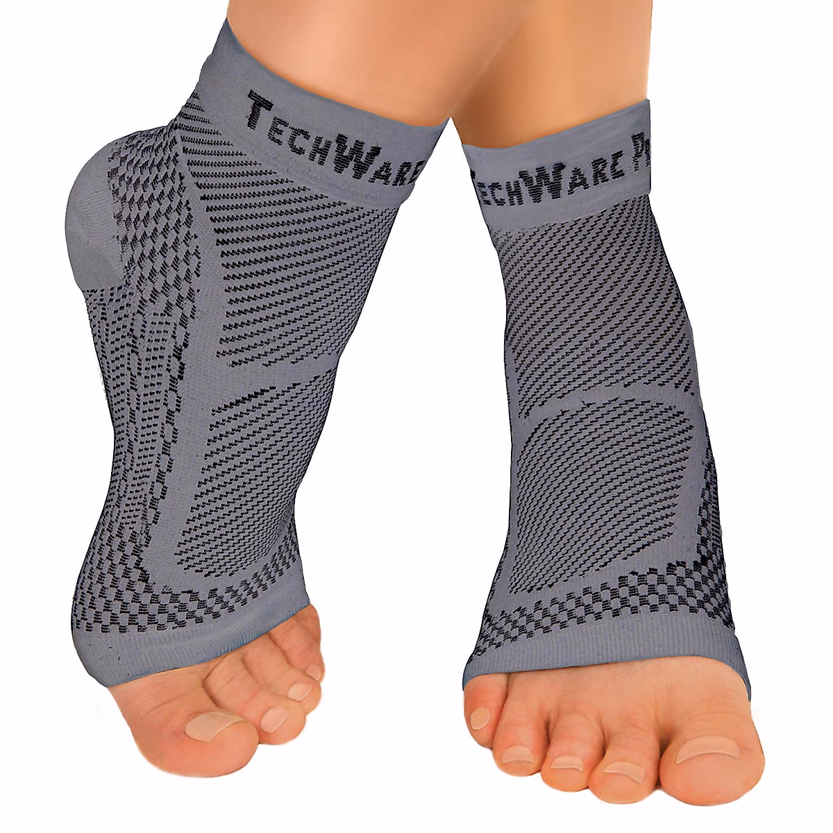 TechWare Pro Ankle Brace Compression Sleeve - Relieves Achilles Tendonitis, Joint Pain. Plantar Fasciitis Foot Sock with Arch Support Reduces Swelling & Heel Spur Pain. (Gray, S/M)