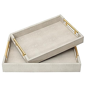 SwallowLiving Set of 2 Wood Serving Tray with Gold Polished Metal Handles Ivory Shagreen Decorative Tray PU Leather with Brushed Gold for Coffee Table Ottoman Console Table