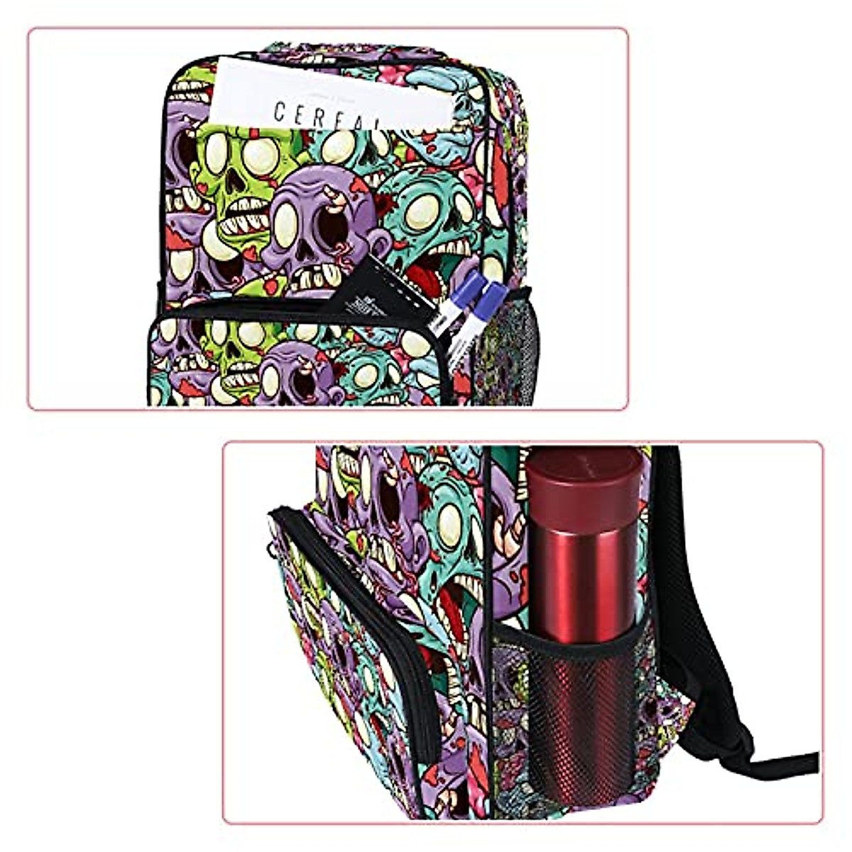 LORVIES Cartoon Zombie Heads School Bag for Student Bookbag Women Travel Backpack Casual Daypack Travel Hiking Camping