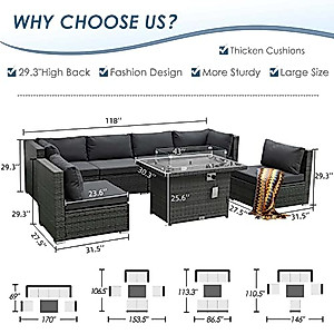 Modern Patio Furnitures Outdoor Sectional PE Wicker Sofa Sets with Waterproof Steel Frame & Thicken Charcoal Cushions & CSA Aproved Aluminum Propane Fire Pit Table 55000 BTU (Wicker Gray-7 Pcs)