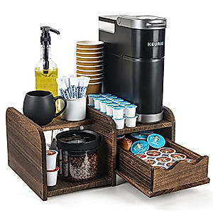 Soulhand Coffee Station Organizer with Drawer, Wooden Coffee Bar Accessories Organizer for Countertop, 48 Large Coffee Pods Storage Organizer, K-Cup Organizer for Home Office (Brown)