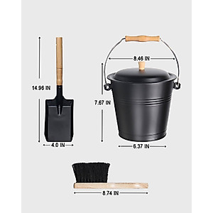 vensovo 1.5 Gallon Ash Bucket with Lid - Shovel, Broom, and Gloves, Heavy Duty Galvanized Iron, Fire-Resistant, Black Finish Perfect for Fireplaces, Fire Pits, Wood-Burning Stoves, and Grills