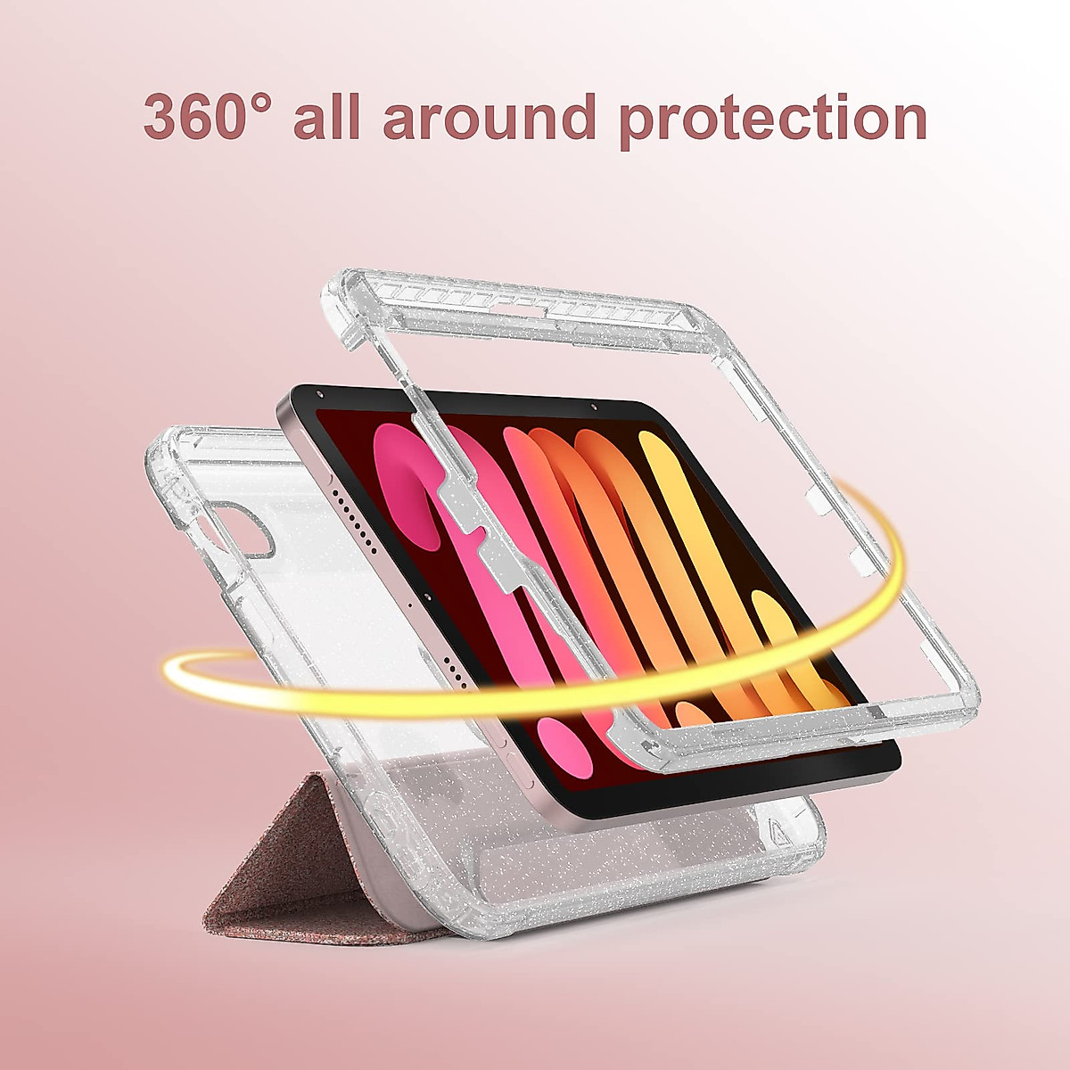 Sevrok iPad Mini 7 A17 Pro 2024/iPad Mini 6 2021 8.3 Inch - Clear Smart Slim-Fit Glitter Sparkly with Apple Pencil Pairing & Charging Holder -Folio Stand Shiny Leather Cover (Rose Gold)