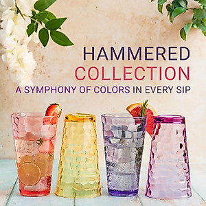 Bravario Hammered Plastic Drinking Tumbler, Dishwasher-Safe Premium Quality Water Glasses, BPA-Free Reusable Mixed Colors Assorted Stackable Cups, 22 oz Set of 6
