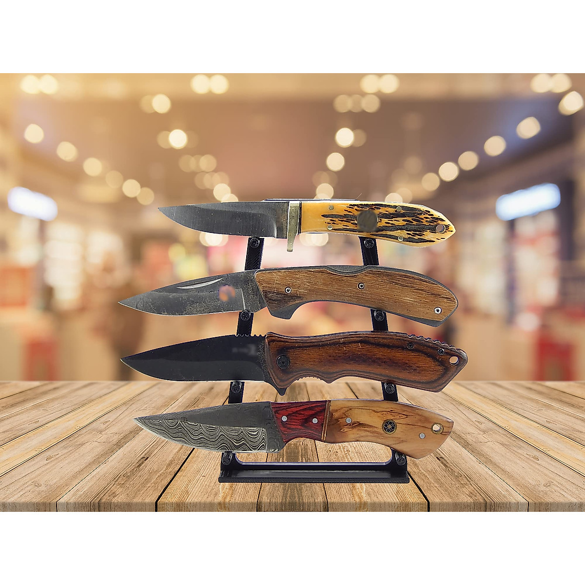 Black Knife Display Stand Rack Holder Organizer For 4 Medium To Large Pocket Or Fixed Blade Knives - Holds Four Blades - Wall Mount Or Sit On Flat Surface