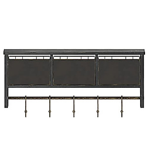 Merrick Lane Enid Wall Mount 24 Inch Solid Pine Wood Storage Rack with Upper Shelf, 5 Hooks, and Wire Baskets for Living Room, Kitchen, or Entryway in Blackwashed